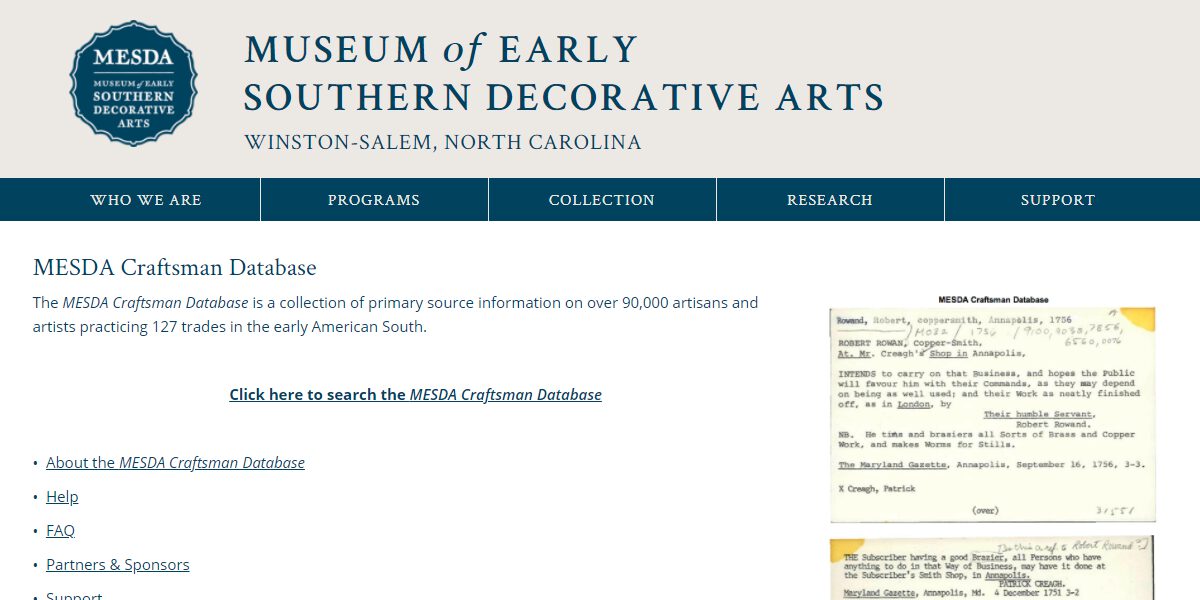 Museum of Early Southern Decorative Arts (MESDA) Craftsman Database ...